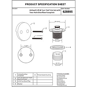 Artiwell Lift & Turn Tub Trim Set with Two-Hole Overflow Faceplate, All Brass Bathtub Conversion Kit Assembly with 2-Hole Overflow Face Plate and Universal Fine/Coarse Thread (Chrome Plated)