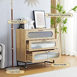 UHMUVFM 3 Drawer Dresser, Small Dresser with Tempered Glass Drawer Design, Modern Wood Dresser for Bedroom, Home Office (Natural)