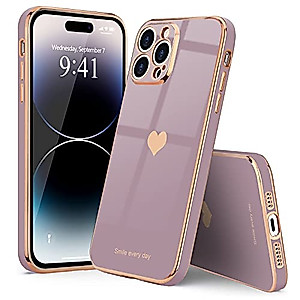 Teageo for iPhone 14 Pro Case for Women Girl Cute Love Heart Luxury Plating Soft Bling Back Cover Raised Full Camera Protection Bumper Silicone Shockproof Phone Case for iPhone 14 Pro, Lavender