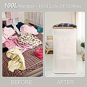 Laundry Baskets with lid, Laundry Hamper with Removable Waterproof Bag, Bamboo Handle Tall & Slim Wash Basket for Bathroom Bedroom Closet Dorm, Essential Dirty Clothes Hamper for Men Boy New Mum