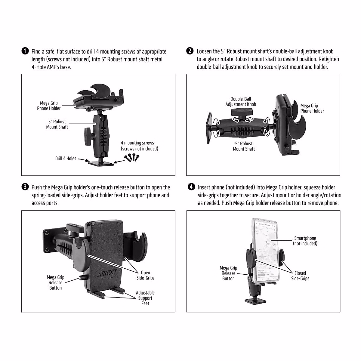 ARKON Mounts Drill-Base Mega Grip Phone Mount | Universal Phone Fit | 360° Adjustable Angle | Flat Surface AMPS Mounting | Compatible with iPhone, Galaxy, Note, Pixel, and More | SM4RM2XMAMPS