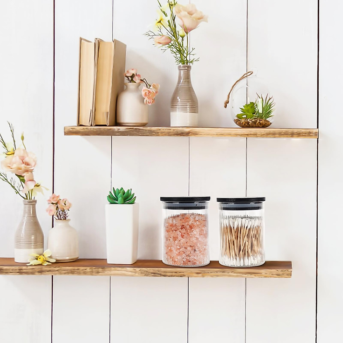 Ribbed Glass Qtip Holder Dispenser Bathroom Jars with Bamboo Lids, Cotton Ball Pad Round Swab Holder for Bathroom Accessories Storage Organizer,Farmhouse Bathroom Decor, Home Decor. (2pcs)