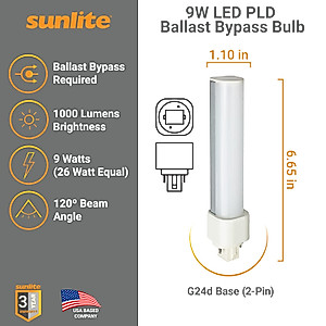 Sunlite 88299-SU LED PLD Horizontal Plug in Light Bulb 9 Watts (26W Equivalent), 1000 Lumens, 2 Pin (G24D) Base, Ballast Bypass CFL Replacement, UL Listed, 4000K- Cool White, 1 Pack