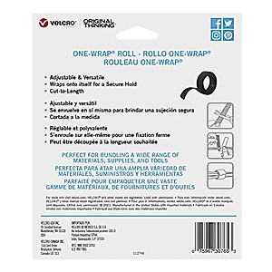 VELCRO Brand VEL-30765-AMS Extra Narrow Straps 1/2 in x 30ft Roll | Cut to Length Reusable Self-Gripping Tape | Organize and Bundle Electric Cords, Ropes, Cable Management Solutions, Wire Ties | Black