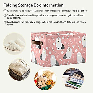 susiyo Pink Old English Sheepdog Open Storage Bins 1 Pack, Large Canvas Storage Baskets with PU Handles Collapsible Storage Box Organizers for Home Closet Nursery Toys Dorm Office Laundry
