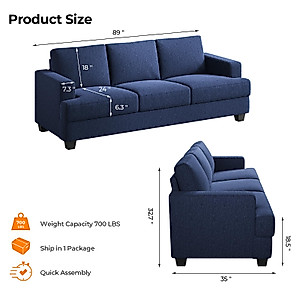 Fadware 89 Inch Couch, 3 Seater Couches with Deep Seats, Modern Loveseat 3-Seat Sofa Couches for Living Room Apartment Lounge, Detachable Sofa Cover, Easy to Install, Blue