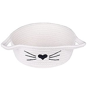 Small Woven Basket Cotton Rope Basket with Cat Ears Little Storage Baskets for Organizing Bins Organizer Wicker Nursery Room for Kids Baby Dog Toy Drawer Gifts 9.5"x8.5"x4", White