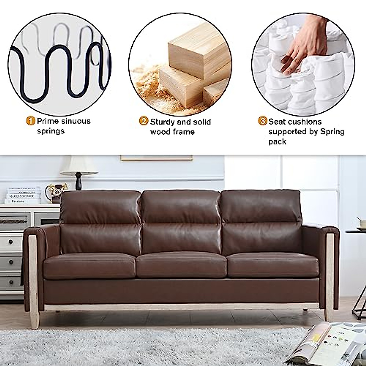 Nicemoods 79.5" PU Leather Sofa Couch with 2 Side Storage Pockets,3 Seater Sofa with Rubber Solid Wood Base&Legs,Soft Cushions,Thick Backrest,Couches for Living Room/Office/Apartment (Brown)