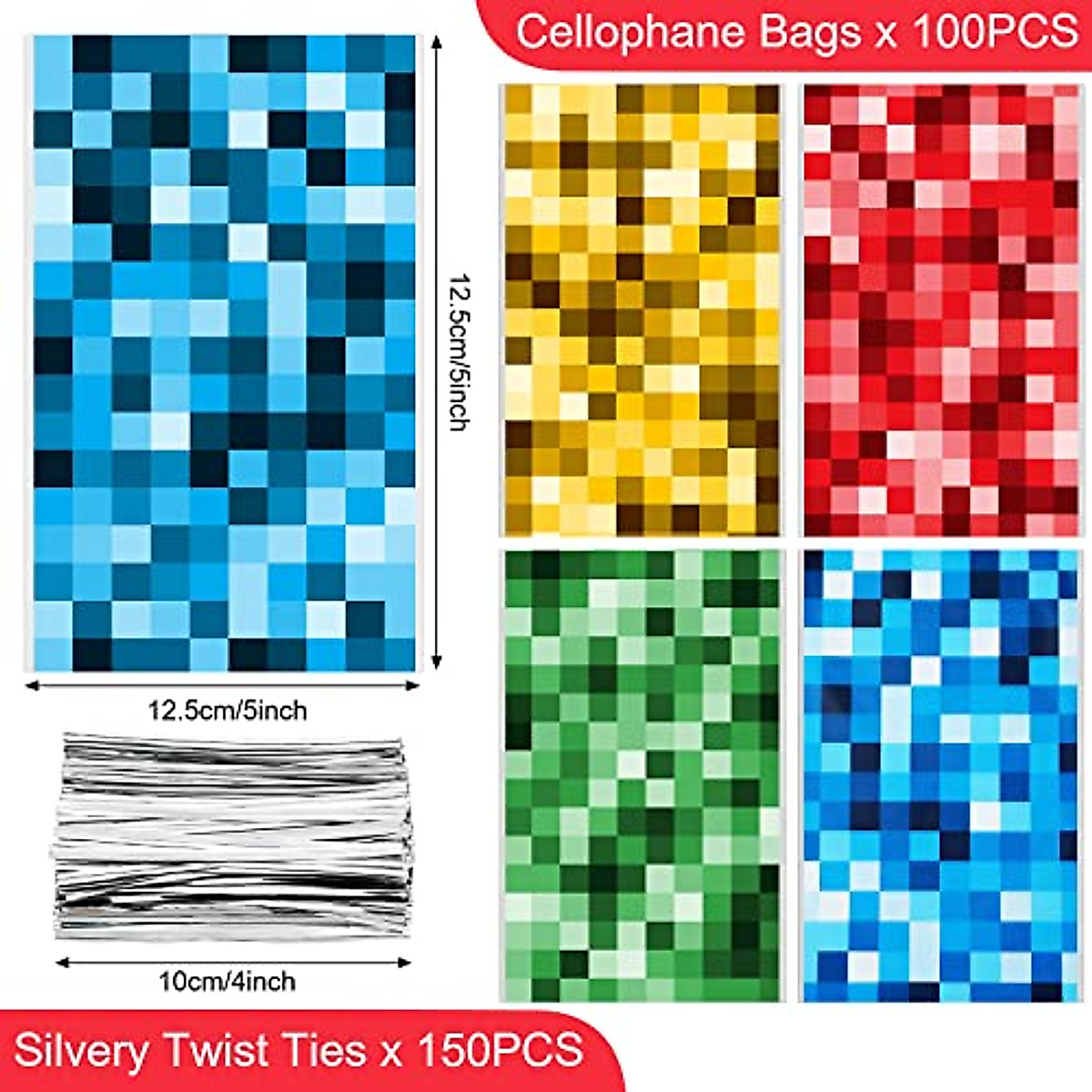 100 Pieces Pixel Mine Party Favors Bags Red Yellow Blue Green Pixel Candy Bags Cellophane Bags for Party Supplies, Goodie Bags Treat Bags with 150 Pcs Silver Twist Ties for Pixel Themed Birthday Party