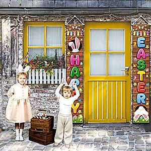 Easter Party Supplies-Happy Easter Porch Sign Banner,2PCS Hello Peeps Front Door Welcome Banner for Spring Theme Easter Bunny Door Decoration (Porch)