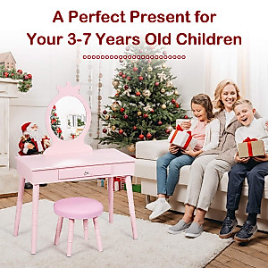 GOFLAME Kids Vanity Set, Princess Dressing Table Set, Wooden Dresser, Little Girls Makeup Table and Stool Set, Pretend Beauty Play Set with Real Mirror, Pull-Out Drawer and Cushioned Stool (Pink)