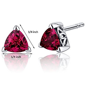 Peora Created Ruby Stud Earrings 925 Sterling Silver, Solitaire Scroll Gallery, 2 Carats Total Trillion Shape 6mm, Hypoallergenic, Friction Backs