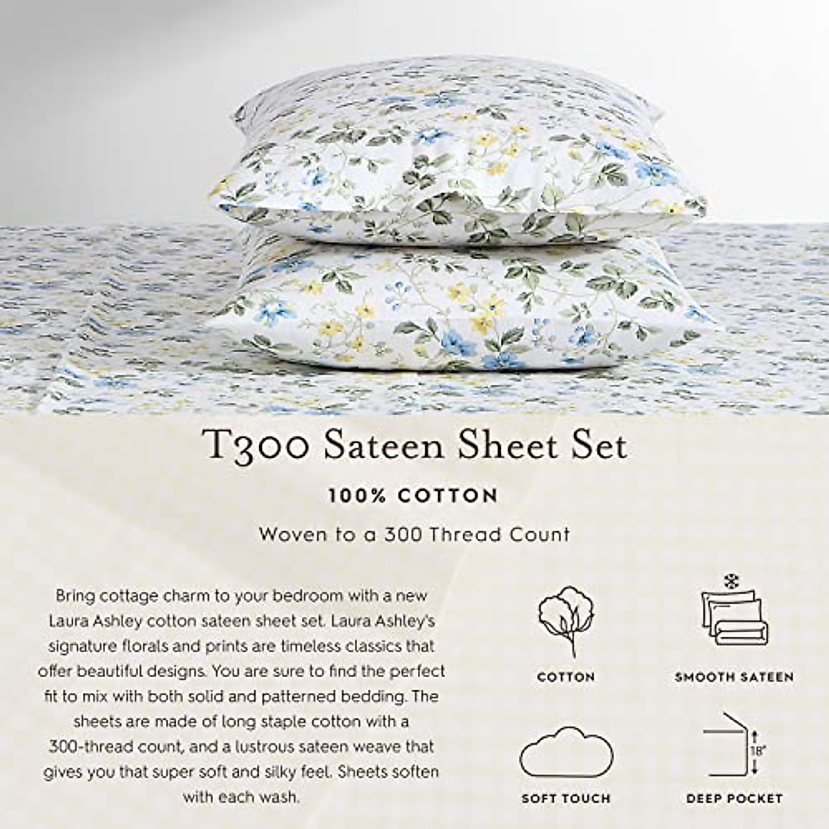 Laura Ashley Home Sateen Collection Bed Sheet Set - 100% Cotton, Silky Smooth & Luminous Sheen, Wrinkle-Resistant Bedding, 4 pcs, King, Bristol Paisley