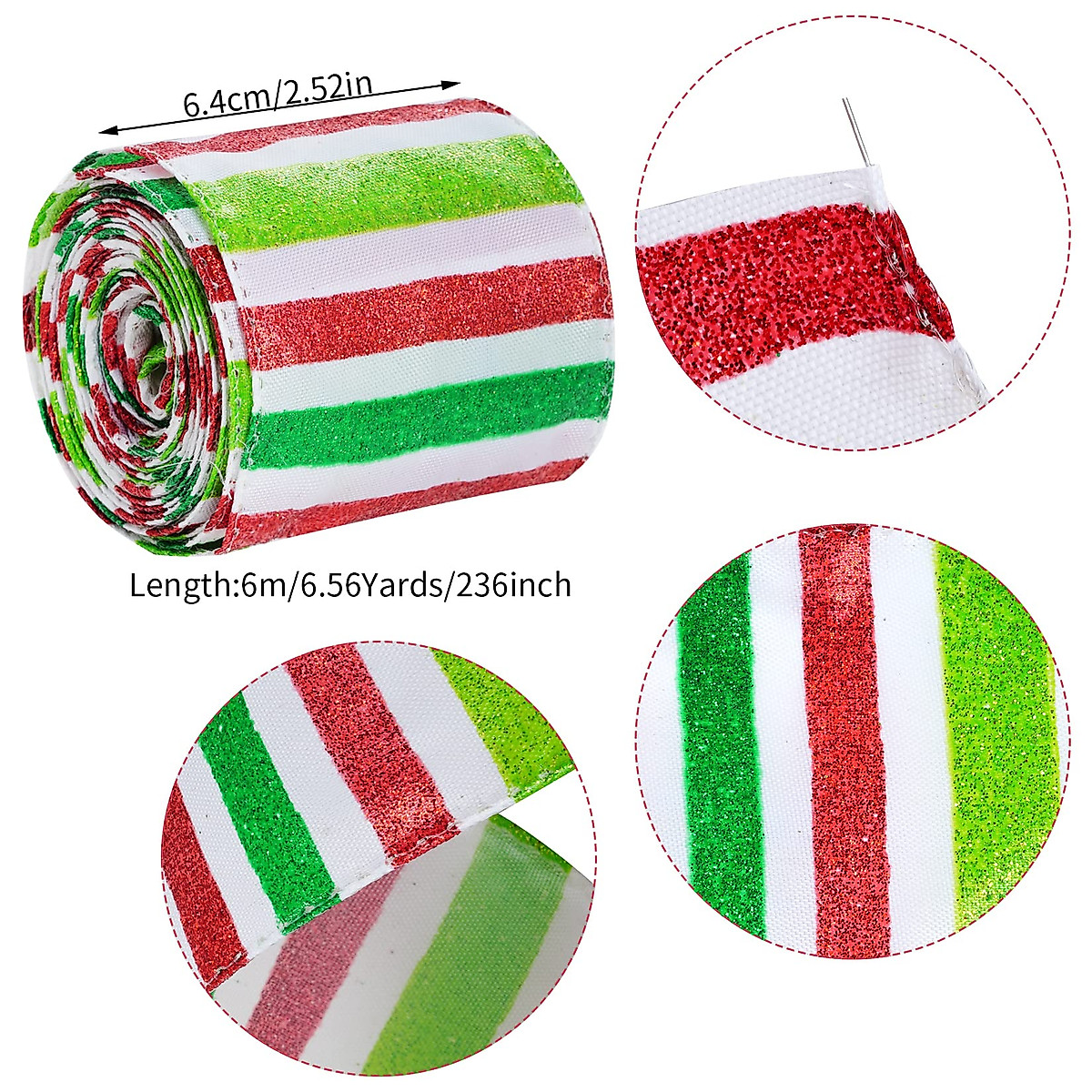 obmwang 2 Rolls Christmas Glitter Stripes Wired Edge Ribbon Red White Green Stripes Ribbons Wired Christmas Holiday Ribbon for DIY Craft Bows Xmas Tree Decoration, 2.52" x 6.56 Yards
