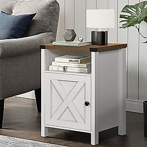 Catrimown Farmhouse End Table, Set of 2, Rustic Night Stand with Barn Door and Storage Shelf, White End Table Side Table for Bedroom Living Room, White
