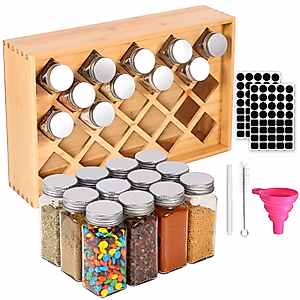 Bamboo Spice Rack Organizer,Seasoning Rack with 23 Pack 4 oz Empty Glass Spice Jars with Sliver Metal Caps. Include Pen, Brush, Funnel and 80 Labels.