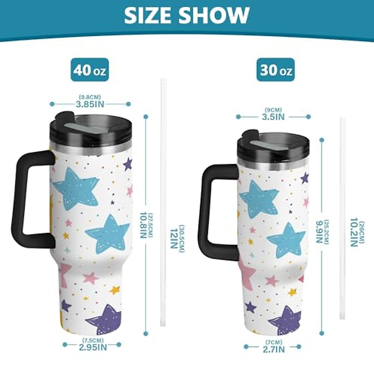 FRCSDIY Cartoon Stars Insulated Tumbler with Handle and Straw Lid,40oz Leakproof Stainless Steel Cup BPA-Free Water Bottle