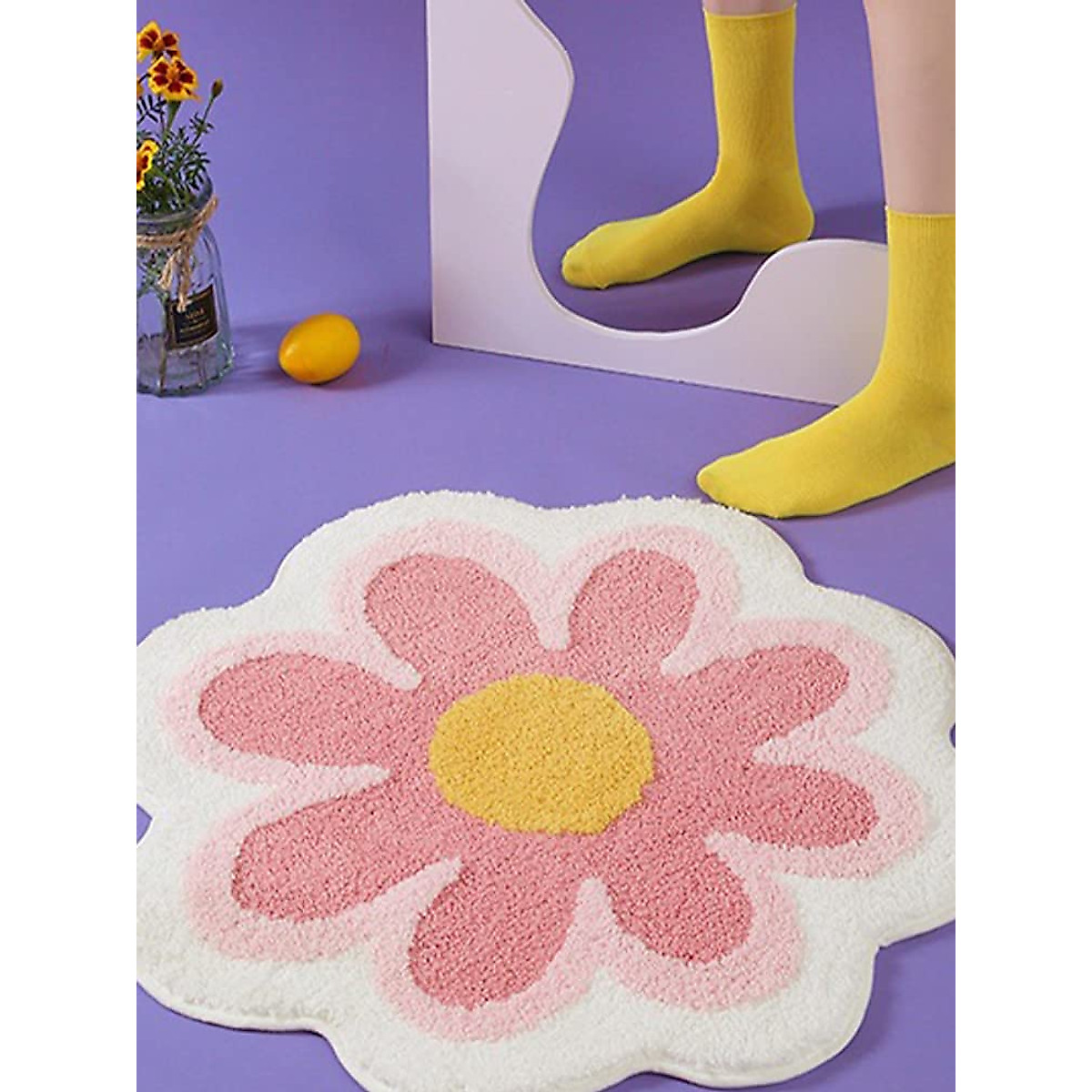 MSUIINT Flower Shaped Rug, Round Bedroom Bedside Blanket Carpet, Aesthetic Cute Flower Round Area Rug, Non Slip Circle Soft Fluffy Flower Rug Indoor Floor Mat(Green)