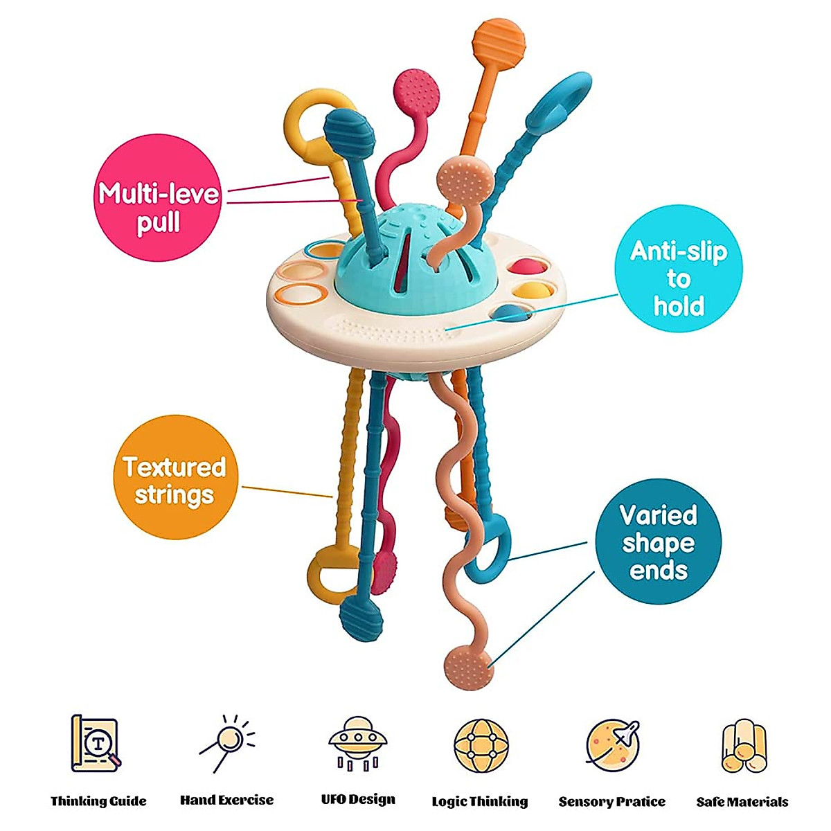 Baby Montessori Toys for 18M+, BPA Free Food Grade Silicone UFO Pull String Activity Toy, Sensory Toys for Toddlers, Travel Toys, Boy Girl Sensory Toys Fine Motor Skills Toys for 18m+