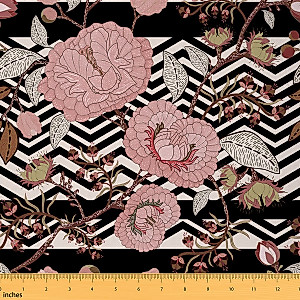 Pink Flowers Fabric by The Yard Black White Geometric Zebra Stripes DIY Craft Hobby Fabric by The Yard Hand Drawn Rustic Plant Decorative Fabric for Upholstery and Home Accents,2 Yards