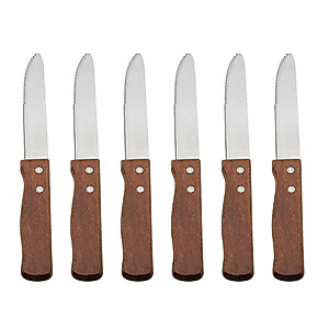 (Set of 6) 10-Inch Jumbo Steak Knives by Tezzorio, Stainless Steel Rounded Serrated 5-Inch Blade with Wooden Handle, Commercial Quality Steak Knife Set