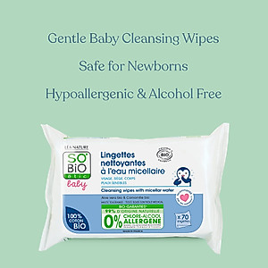 SO'BiO étic | Baby Cleansing Wipes | Organic & Biodegradable Micellar Water Wet Wipe Skin Cleanser for Newborn, Infant, Toddler | 70 Wipes