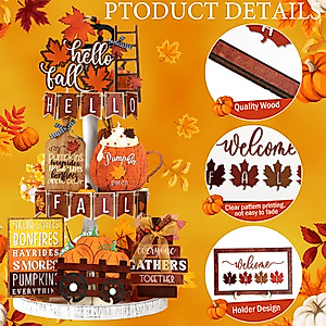 21 Pcs Fall Tiered Tray Decor Set Hello Fall Pumpkin Maple Leaf Wooden Signs Autumn Thanksgiving Decorations Rustic Farmhouse Table Centerpieces for Home Kitchen Decor Harvest Holiday