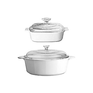 CorningWare 4 Piece Pyroceram Classic Casseroles 2.4 qt/2.25L Round & 2.1 qt/2L Square Cooking Pots With Handles & Glass Lid - White
