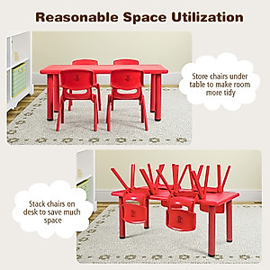 HONEY JOY Kids Table and 4 Chair Set, 48 x 24 Inch Children Rectangular Study Table with Stackable Seats, 4 Pcs Plastic Activity Toddler Furniture Set for Playroom Daycare, Gift for Boys Girls (Red)