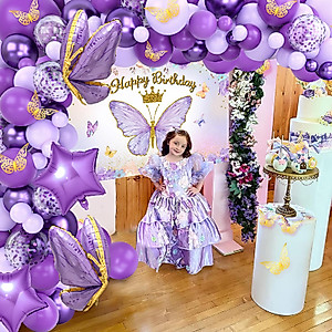 Butterfly Birthday Decorations for Girl,Purple Balloon Arch Kit with Foil Butterfly Balloon,Happy Birthday Backdrop Butterfly Tablecloth Decorations for Girl Birthday Baby Shower Purple Party Supplies