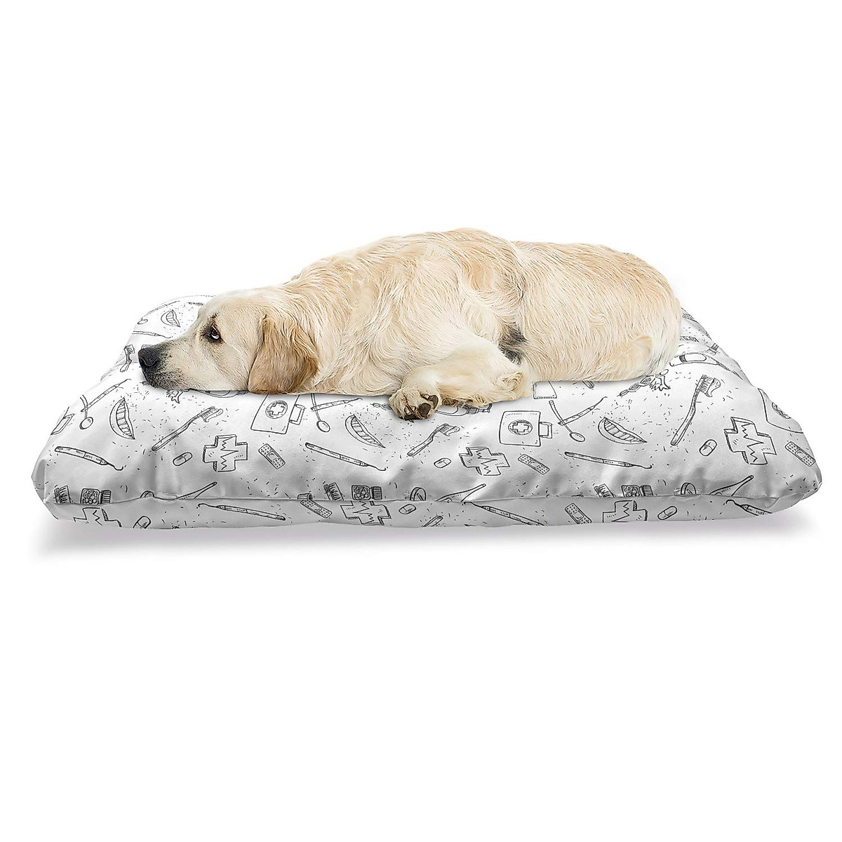 Ambesonne Hipster Pet Bed, Hand Drawn Style Pattern with Dental Hygiene Theme Teeth Care Cleaning, Chew Resistant Pad for Dogs and Cats Cushion with Removable Cover, 24" x 39", Black and White
