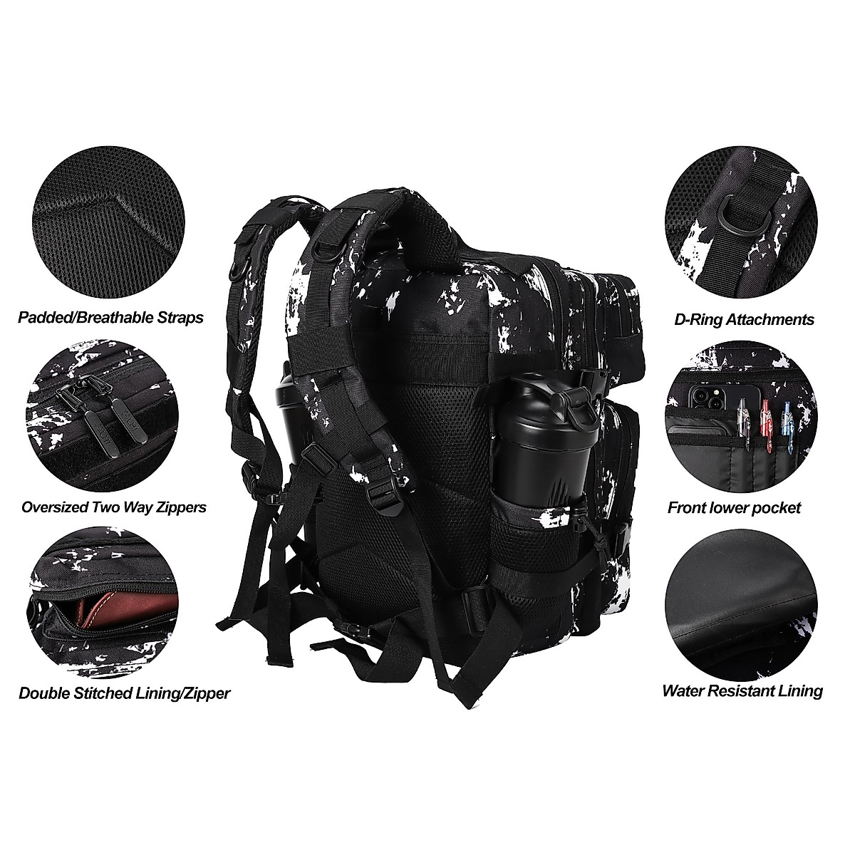 LHI Tactical Military Backpack for Men and Women 25L Army Assault Pack Bag Large Rucksack with Molle System - Black Lightning