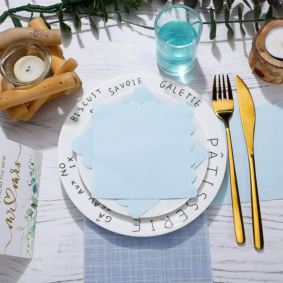 100 Pcs Scalloped Cocktail Napkins Thick Paper Napkins Disposable Party Napkins Beverage Napkins for Wedding Dinner Birthday Supplies, 5 x 5 Inches (Light Blue)