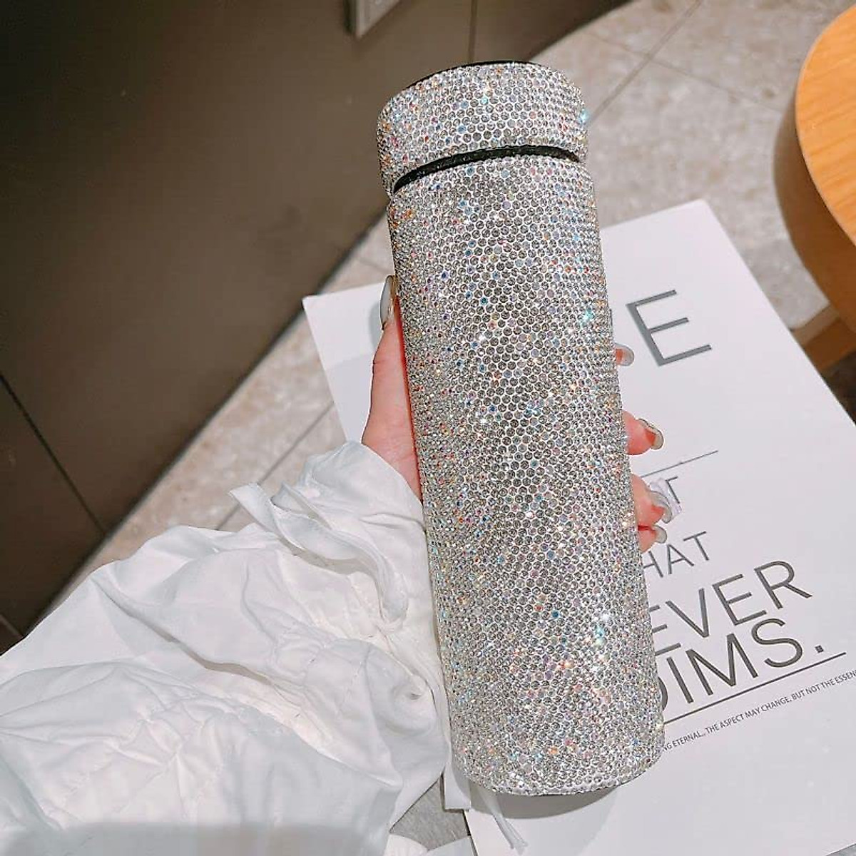 Bling Cup 17oz Rhinestone Water Bottle Glitter Tumbler Diamond Glitter Cups Studded Skinny Insulation Cup Sparkly with LED Number (white)