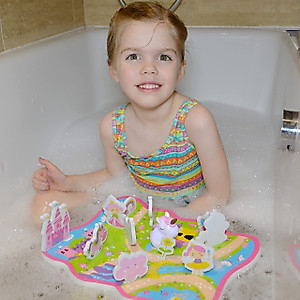 Buddy and Barney Bath Unicorn World Activity Set | Light up Floating Bath Toys for Toddlers | Set of 12 Floating Jigsaw Puzzle, 12 Foam Bath Stickers and Unicorn Water Squirter with Mesh Storage Bag