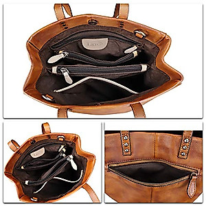 Genuine Leather Tote Bag for Women Handmade Satchel Purses Shoulder Bags Retro Top Handle Handbags (Brown)