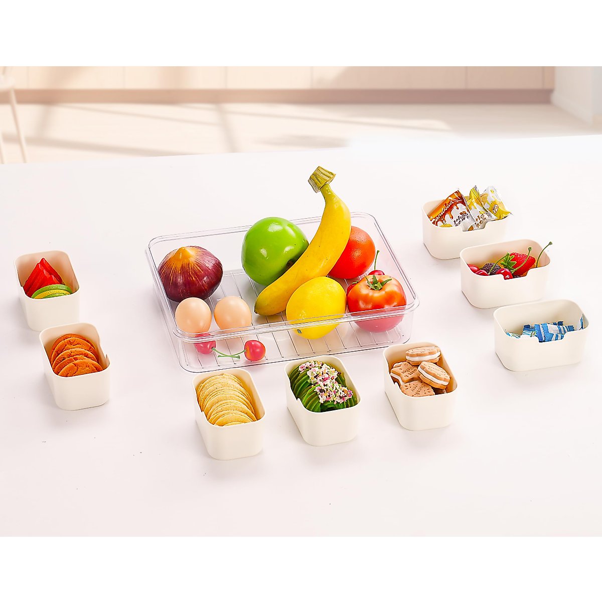 Snackle Box Container, Divided Serving Tray with Lid and Handle, Portable Snackle Box Charcuterie Container for Candy, Fruits, Veggie, Travel & Picnic (1 Pack with 8 Compartments)