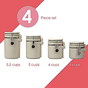 Home Basics Canister Sets For The Kitchen (4 Piece Set) Beige, High Gloss Ceramic Decorative Kitchen Set | With Wooden Spoons, Countertop Set For Flour, Sugar, Coffee, and Snacks