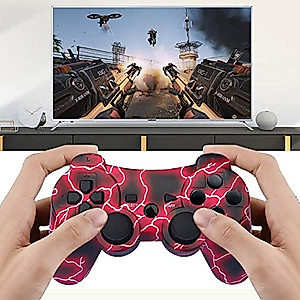 Kujian Controller for PS3 2 Pack Wireless Controller for Playstation 3 6-axis Thunderbolt Style Dual Vibration Gaming Controller with 2 Charging Cord(Red and Blue)