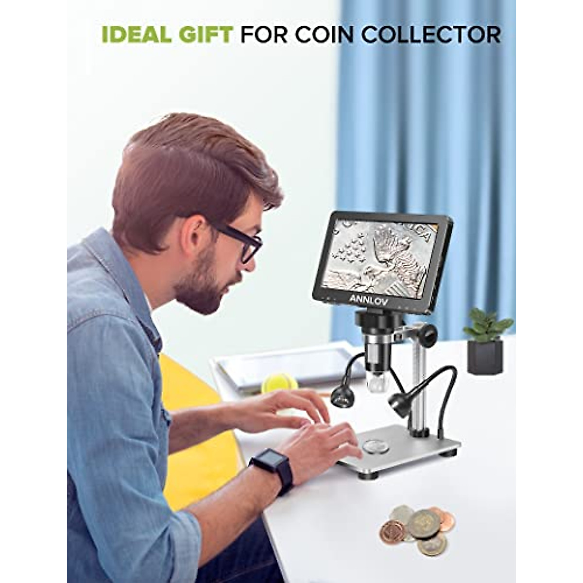 ANNLOV 7" LCD Digital Microscope with 32GB TF Card 1200X Maginfication 1080P Coin Microscope, 48Pcs Prepared Microscope Slide