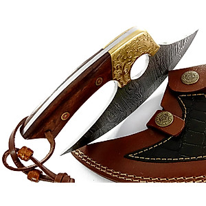 Damascus Steel alaskan Ulu Knife - Fixed Blade knife for Chopping Boning Slicing Cutting,Solid Burl Rose Wood Handle with Leather Sheath.SM145