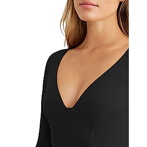 REORIA Women's Fall Sexy Casual Deep V Neck Double Lined Long Sleeve Tight Tops Tees Slim Fitted Cute Y2K Trendy Going Out Party Crop Top Black Large