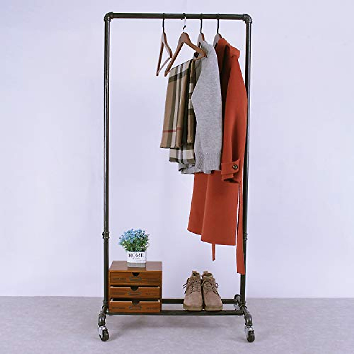 MBQQ Industrial Pipe Clothing Racks on Wheels,28in Length Heavy Duty Garment Racks Commercial Grade,Vintage Rolling Ballet Rack Clothes Display Rack Retail Display,Black Brush Silver