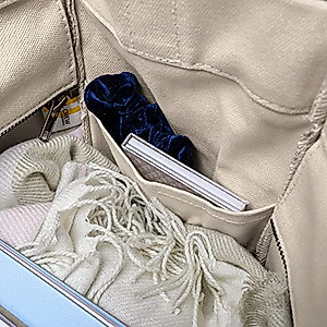 Tag&Crew Brooklyn Tote Canvas Bag with Leather Handles, Zippered Flap, 3 Pockets, Adjustable Shoulder Strap, Antique Brass Clips - Natural