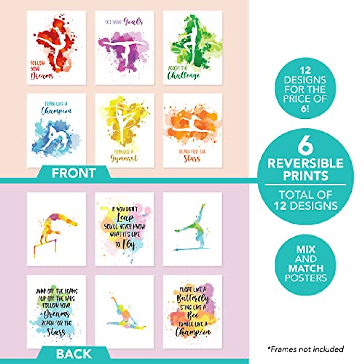 6 Reversible Gymnastics Posters for Girls Room - 8x10in Gymnastics Poster, 12 Designs Dance Posters for Studio, Gymnastics Wall Decor, Gymnastics Bedroom Decor, Cheerleading Wall Decor, Gymnast Poster