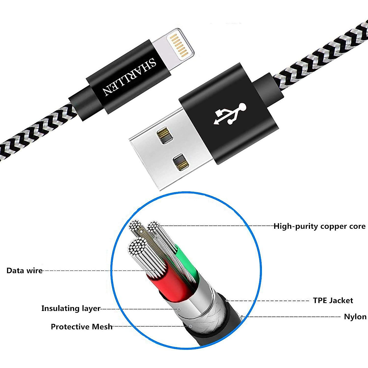 sharllen iPhone Cable 5Pack 3FT/6Foot/10Feet MFi Certified Nylon Braided Fast USB Charging&Syncing Charger Cord Wire Lightning Cable Compatible iPhone11/XS/Max/XR/X/8P/7Plus/6s P/6/6P/iPad/iPod Black