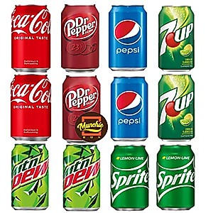 Munchie Box Soda Variety Pack - Cola, Pepsi, Dr. Pepper, Mountain Dew, Sprite and 7up ( Pack of 12) Refresco en latas Surtidas (Regular)