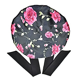 Extra Large Sleep Cap Satin Bonnet for Sleeping Long Hair Bonnet for Women Large Night Cap for Curly Hair XL Silk Bonnets (Black + Rose)