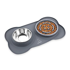 Pecute Dog Bowl Slow Feeder Bloat Stop Pet Bowl Eco-Friendly Non-Toxic No Choking Healthy Design Bowl with No-Spill Non-Skid Silicone Mat Stainless Steel Water Bowl for Dogs Cats and Pets