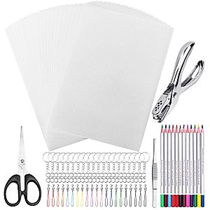 shynek Shrinky Plastic Sheets Keychain Kit, 125Pcs Shrinky Art Kit Including 20 Pcs Shrinky Paper Sheets, Hole Punch, Pencils, Keychains, Tweezers, Scissors for Crafts and Keychains